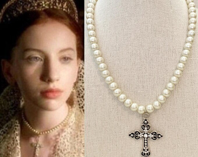 Queen Elizabeth Tudors Silver Cross Crystal Cream off White Pearl Anne ...
