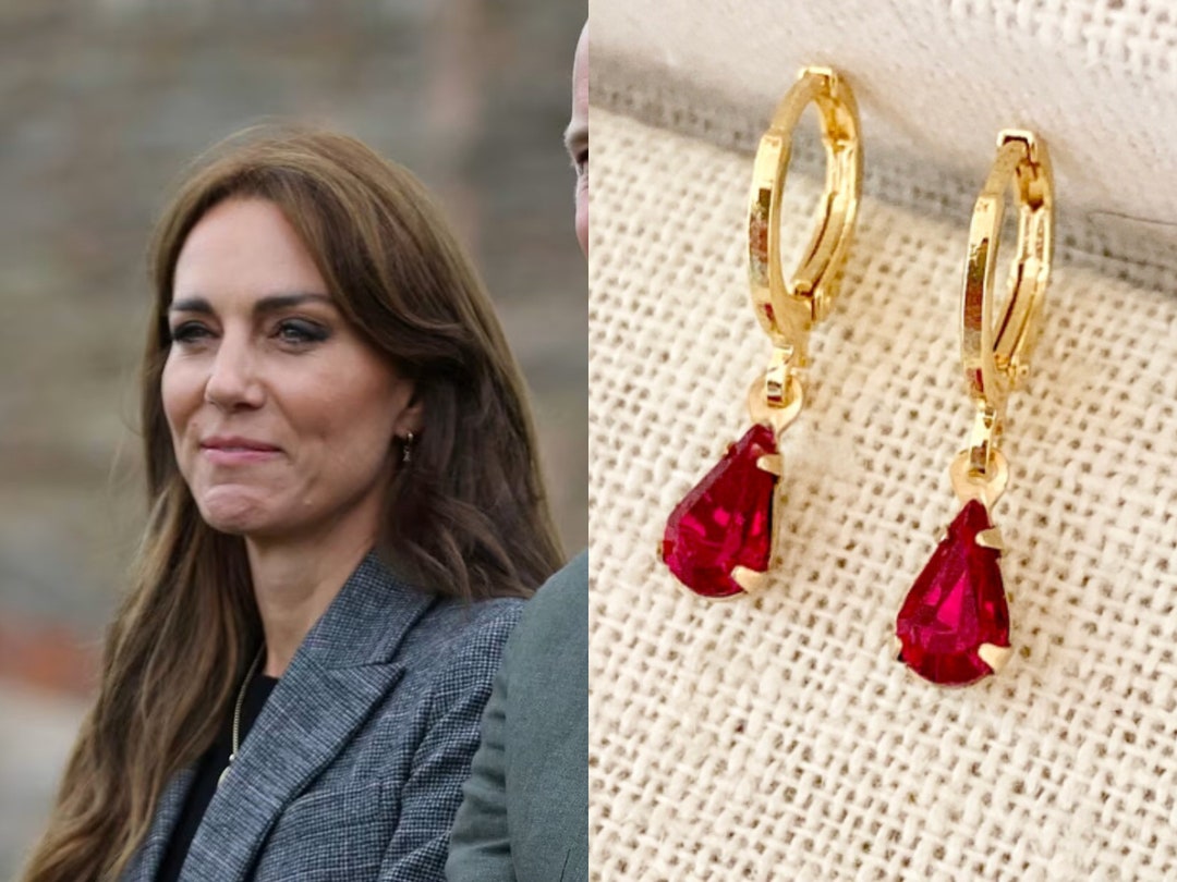 Kate Middleton Ruby Red Teardrop Faceted Pear Crystal Gold Plated Brass ...