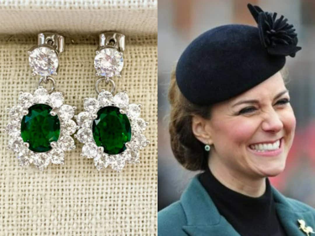 Kate Middleton Emerald Green Crystal Cubic Zirconia Flower Drop Silver ...