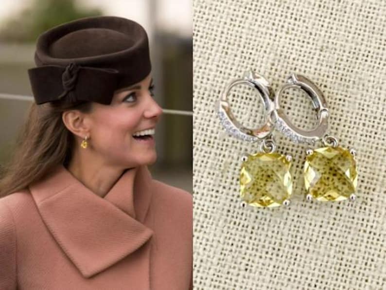Kate Middleton Yellow Topaz Citrine Crystal Square Drop Earring Gold or ...