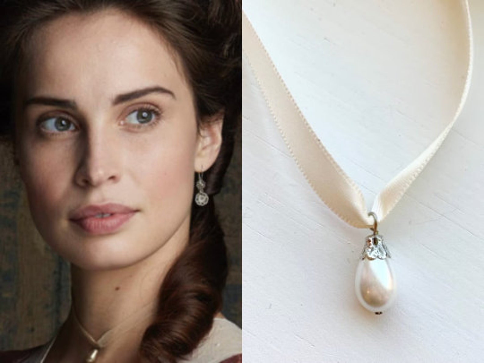 Elizabeth Warleggan Poldark White Glass Pearl Teardrop Cream Ribbon ...