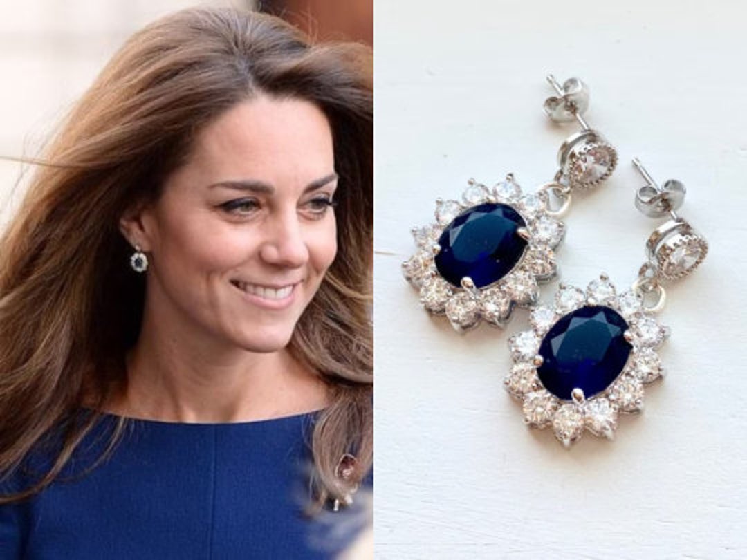 Kate Middleton Sapphire Blue Crystal Cubic Zirconia Flower Drop Oval ...