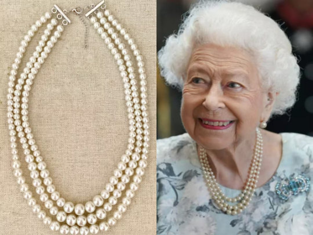 Queen Elizabeth Graduated White Cream Pearl Three Triple Strand Layered ...