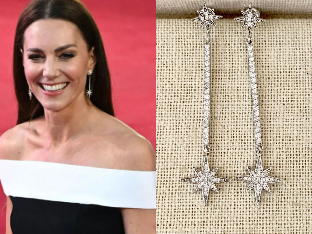 Kate Middleton Silver Cubic Zirconia Star Long Dangle Earrings Rhodium ...