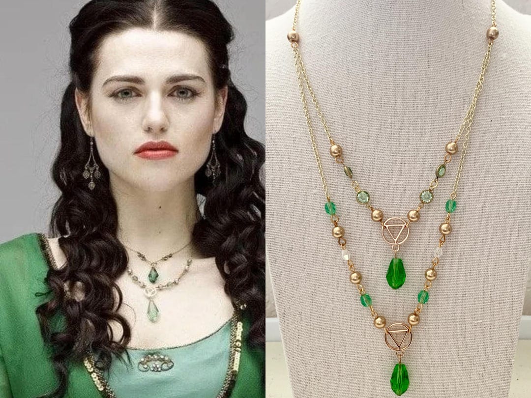 Morgana Pendragon Peridot Teardrop Gold Pearl Triangle Charm Necklace ...