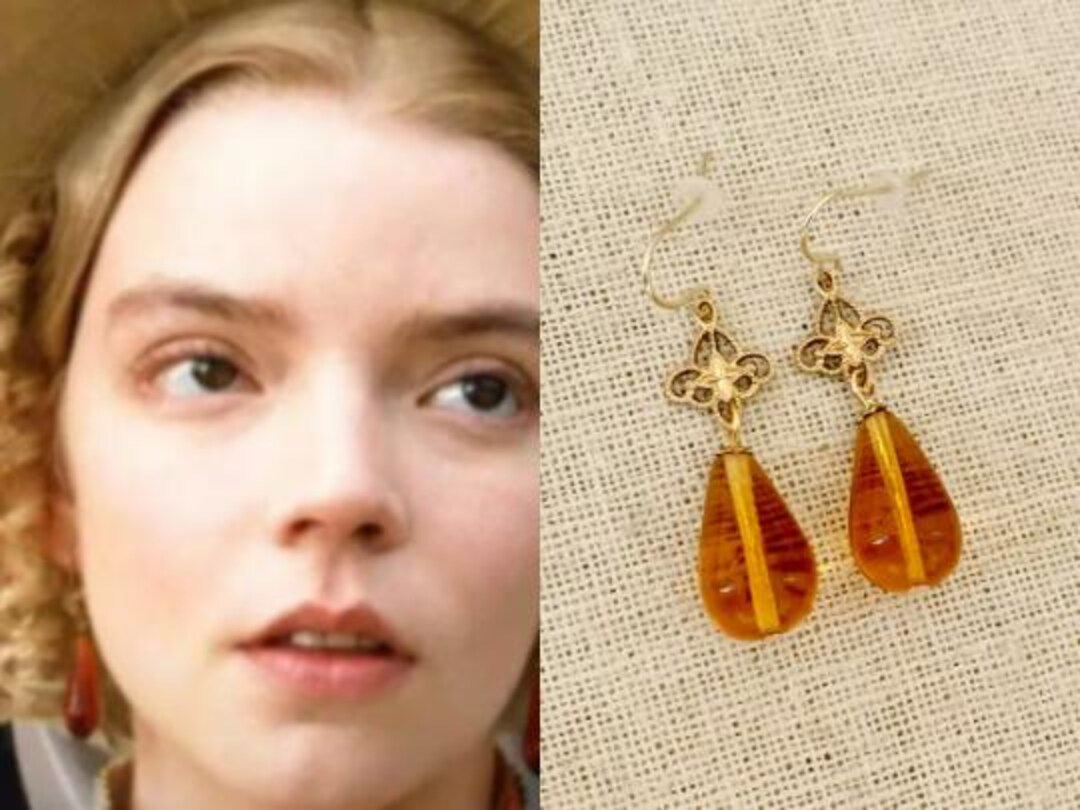 Emma Woodhouse Jane Austen Long Teardrop Topaz Glass Gold Floral ...