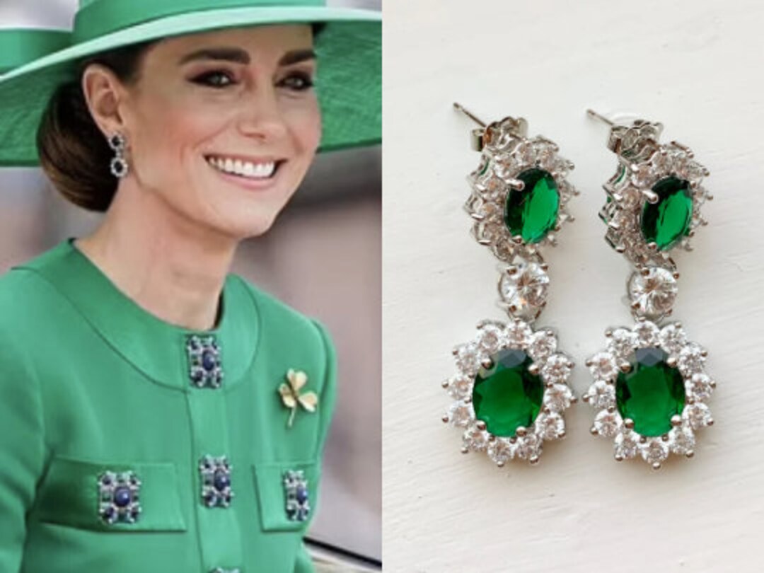 Kate Middleton Emerald Green Glass Oval Stones Silver Plated Brass ...