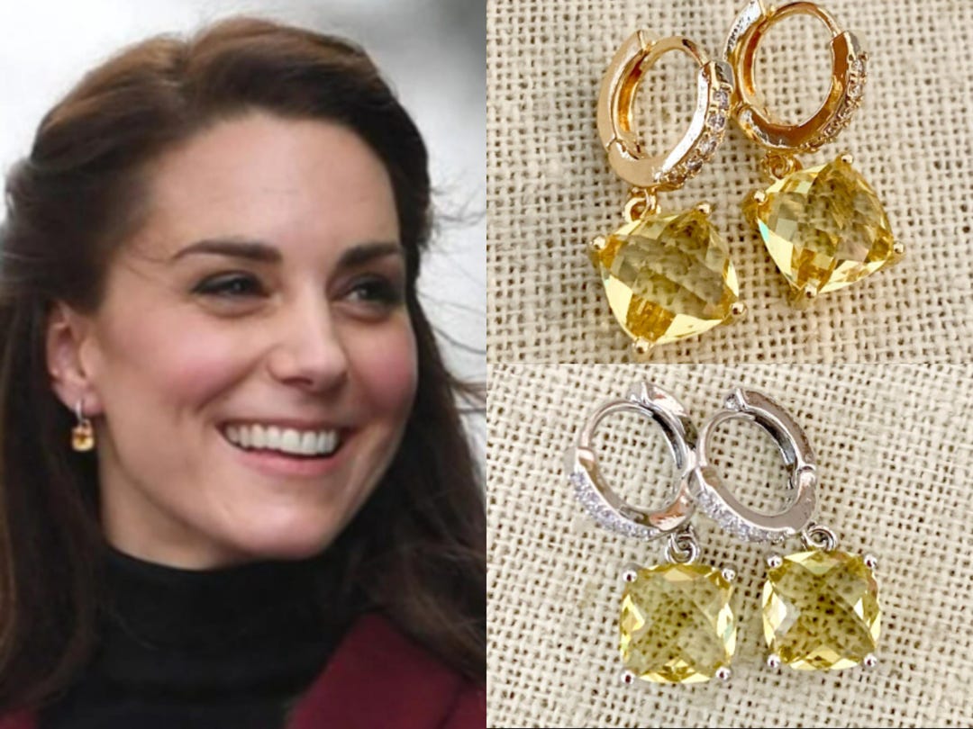 Kate Middleton Yellow Topaz Citrine Crystal Square Drop Earring Gold or ...