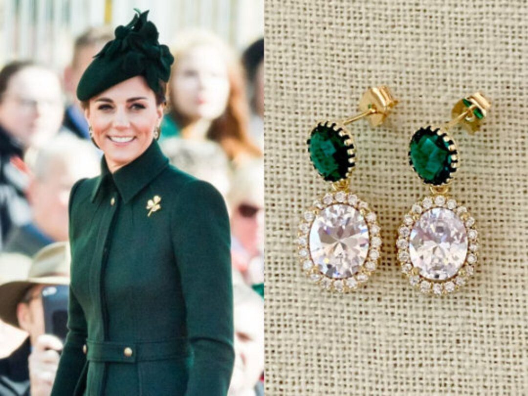 Kate Middleton Emerald Green Glass Oval Stones Gold Plated Brass Cubic ...