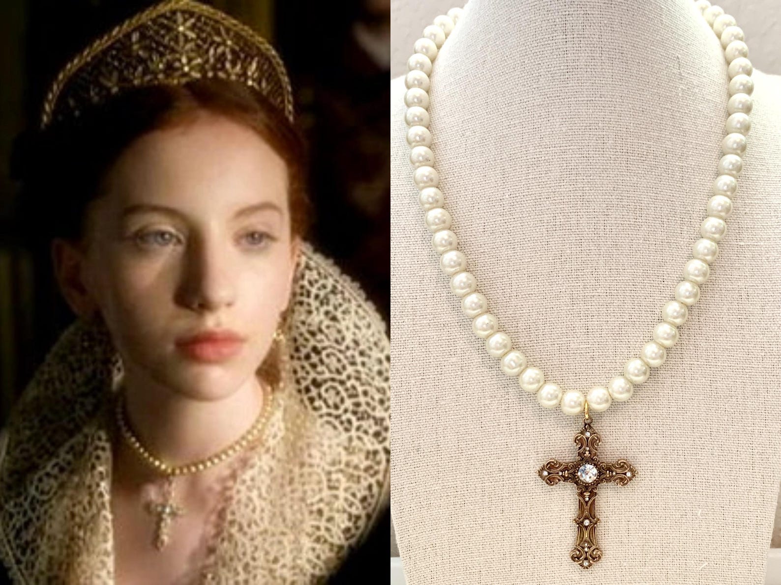 FINAL QUANTITY Queen Elizabeth Tudors Gold Cross Crystal Cream Pearl ...