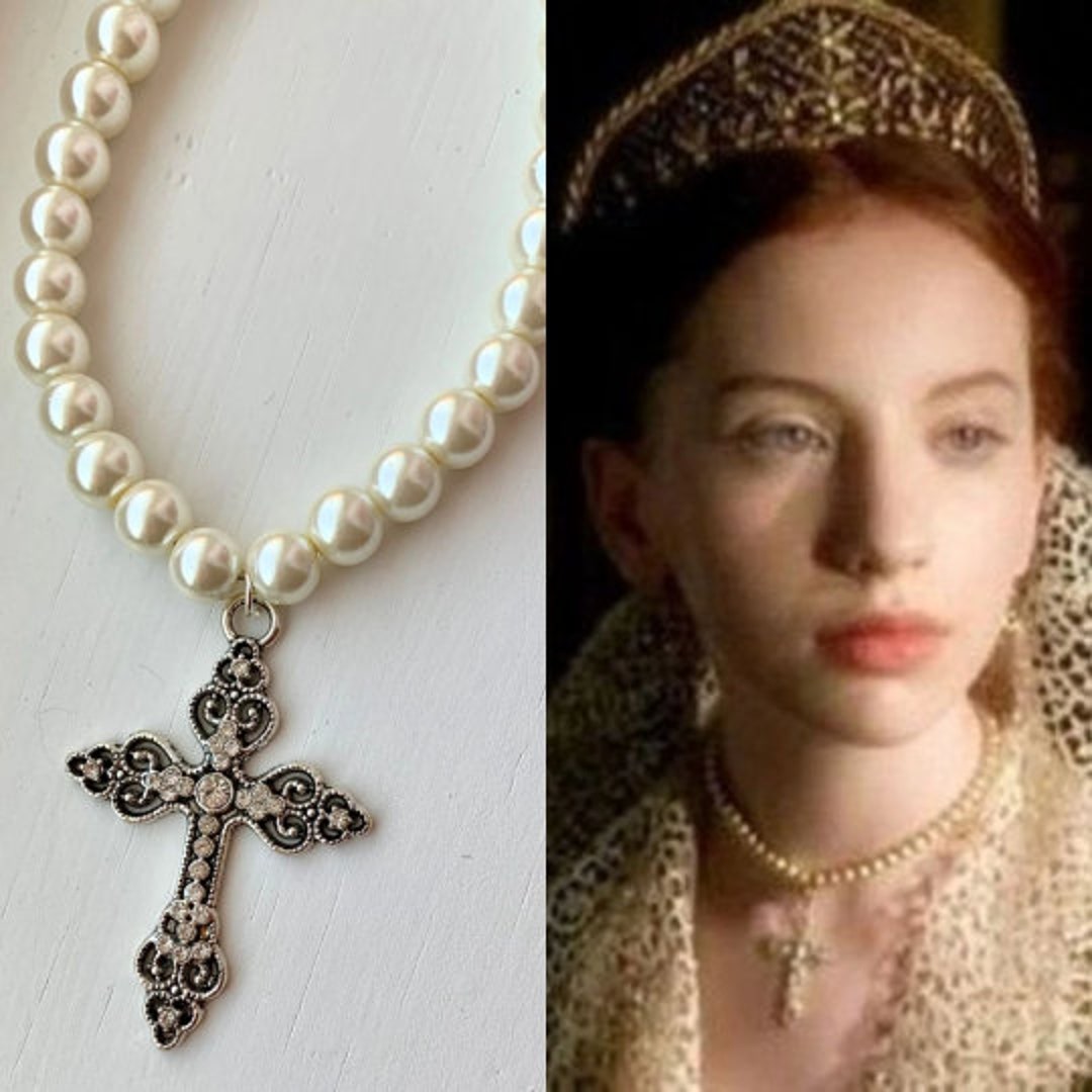 Queen Elizabeth Tudors Silver Cross Crystal Cream off White Pearl Anne ...
