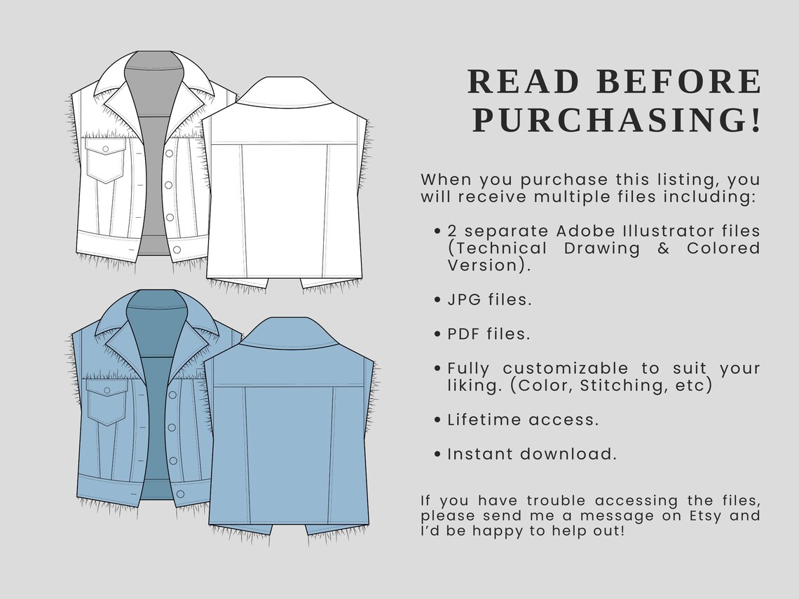 Ripped Denim Vest Technical Drawing | Fashion Flat Sketches | Ai ...