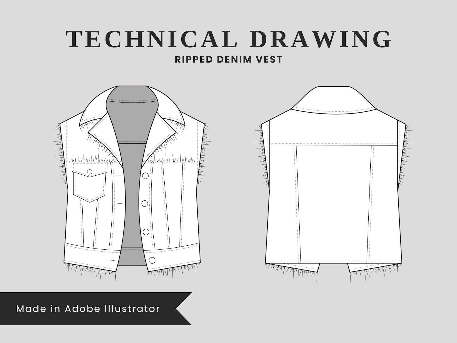Ripped Denim Vest Technical Drawing | Fashion Flat Sketches | Ai ...