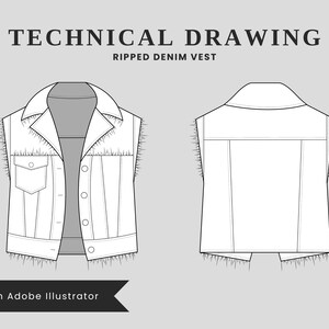 Ripped Denim Vest Technical Drawing | Fashion Flat Sketches | Ai ...