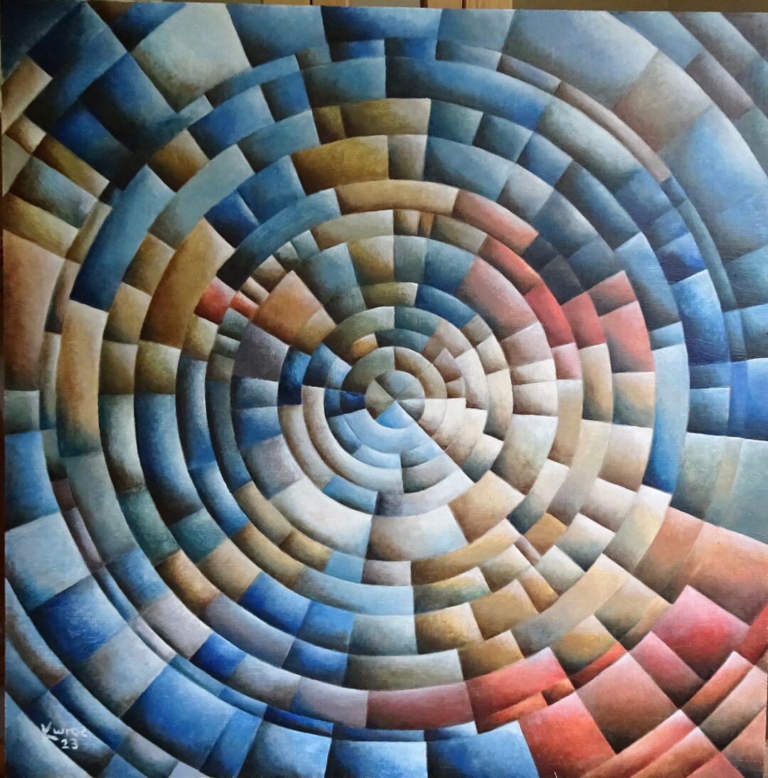 ROCK Katy Wroe Original Oil Painting on Wood Panel Blue Rust Red Cream ...