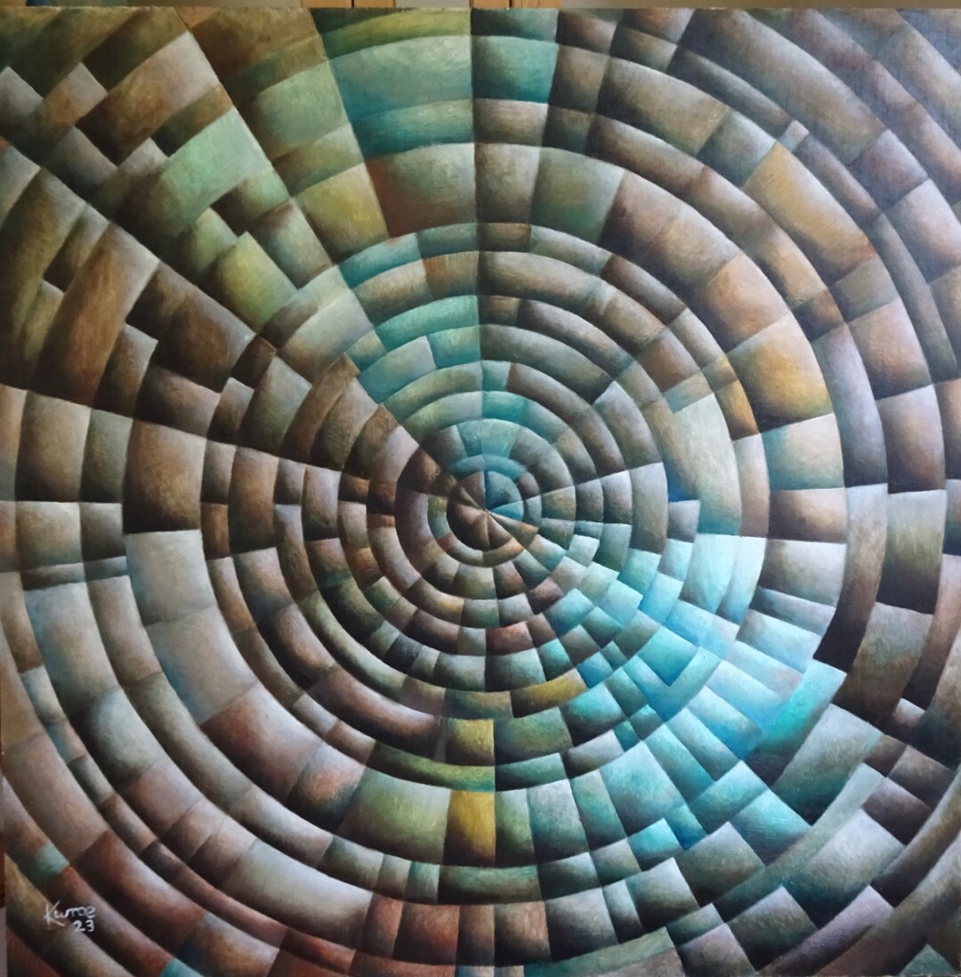 SH Katy Wroe Original Oil Painting on Wood Panel Teal Blue Green Sepia ...