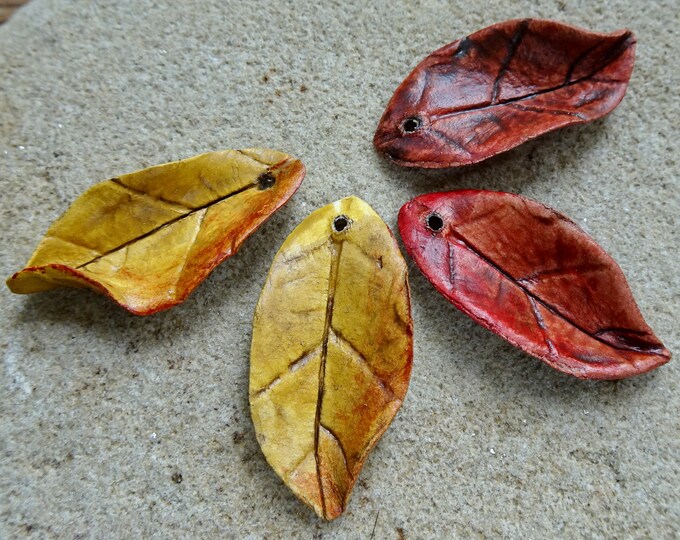 Autumn Fall Vein Textured Ceramic Leaf Pendant Bead Set Red & Yellow ...