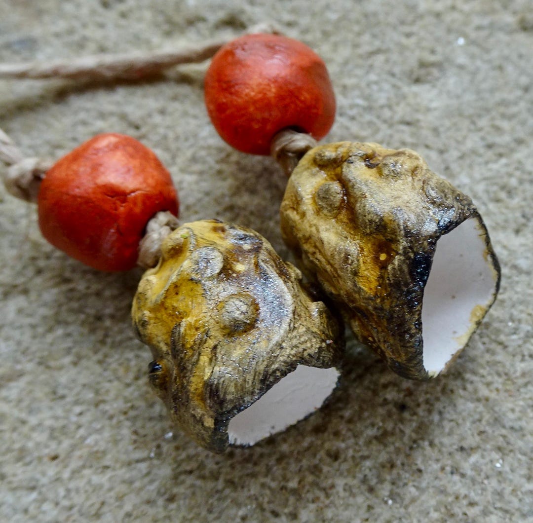 PAIR Summer Shell Beach Textured Pod Flower Bead Orange Yellow Sepia ...