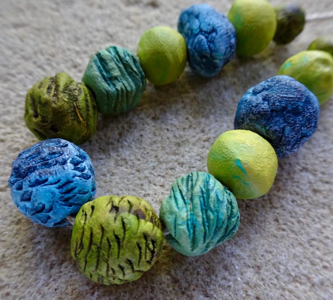 Bright Summer Textured Ceramic Round Bead Set Blue Green Lime Yellow ...