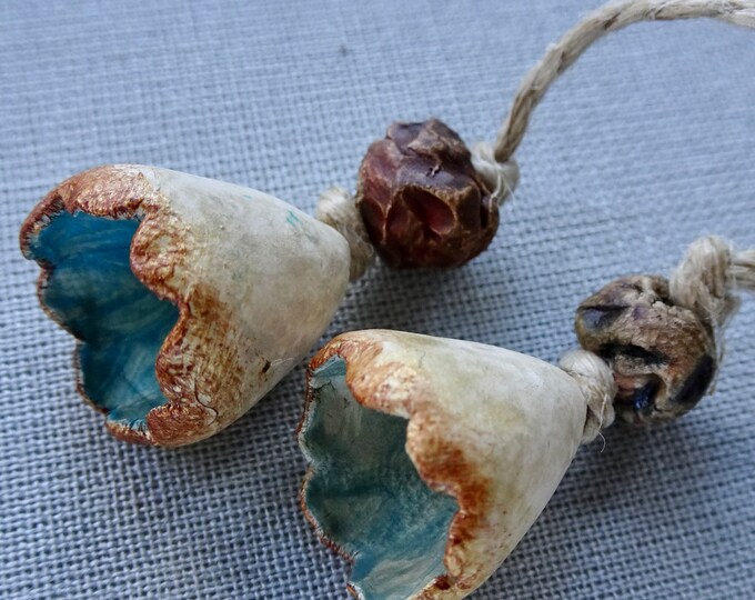 PAIR Early Summer Light Ceramic Flower Pod Bead Set Blue Copper Gold ...