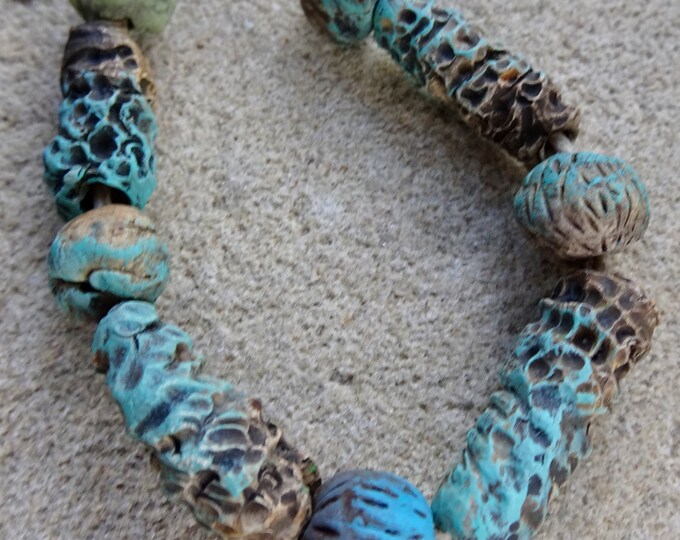 Spring Textured Ceramic Round & Tube Bead Set Turquoise Sky Blue Earth ...