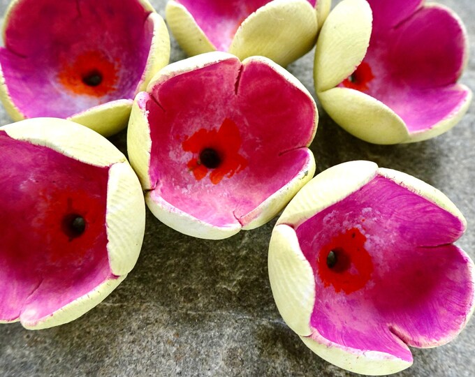 PAIR Summer Blossom Ceramic Flower Pod Bead Set Pink Cream Yellow Green ...