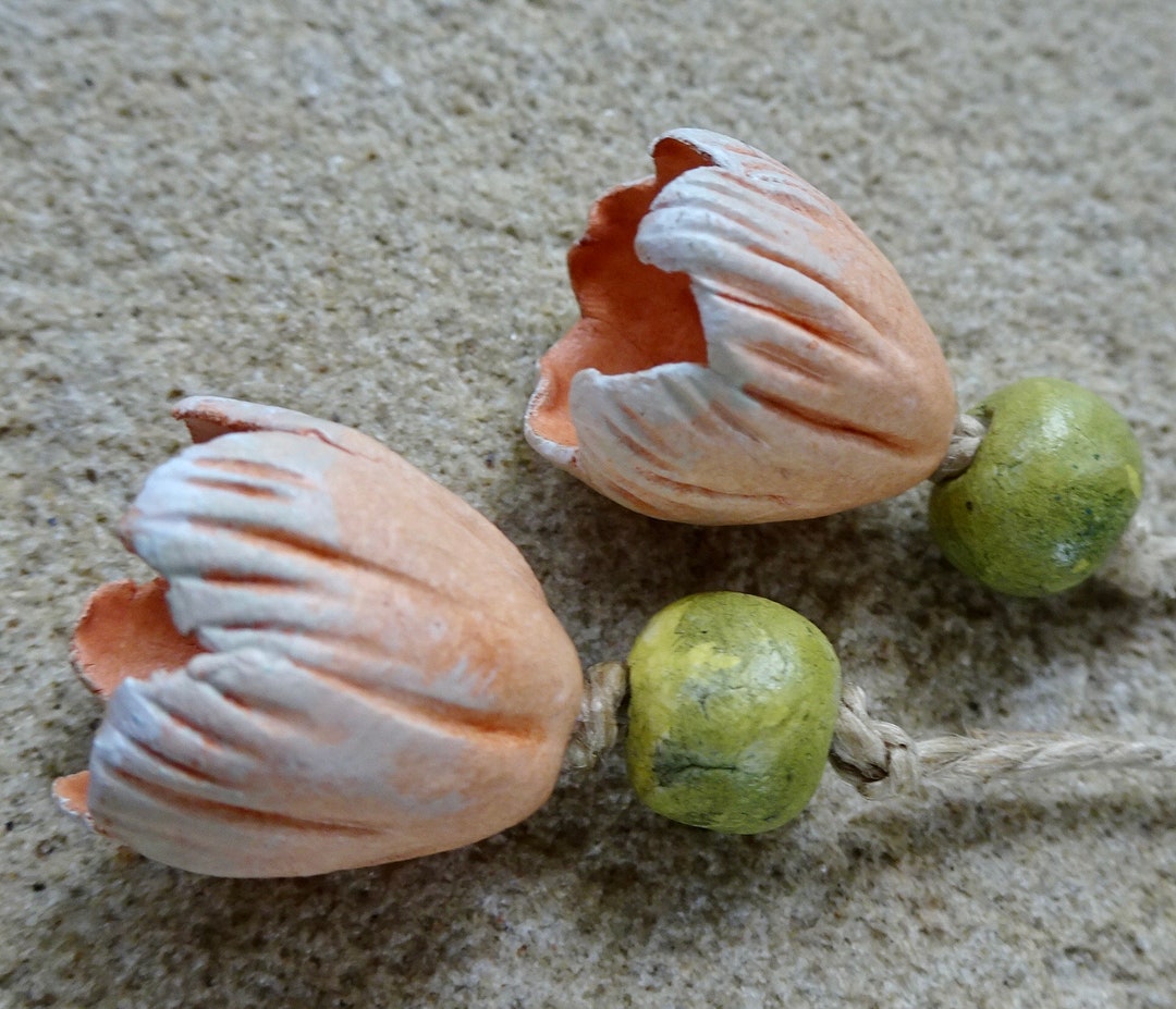 PAIR Summer Little Blossom Ceramic Daisy Flower Pod Bead Set Handmade ...