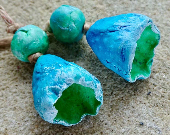 PAIR Early Summer Light Ceramic Flower Pod Bead Set Blue Copper Gold ...