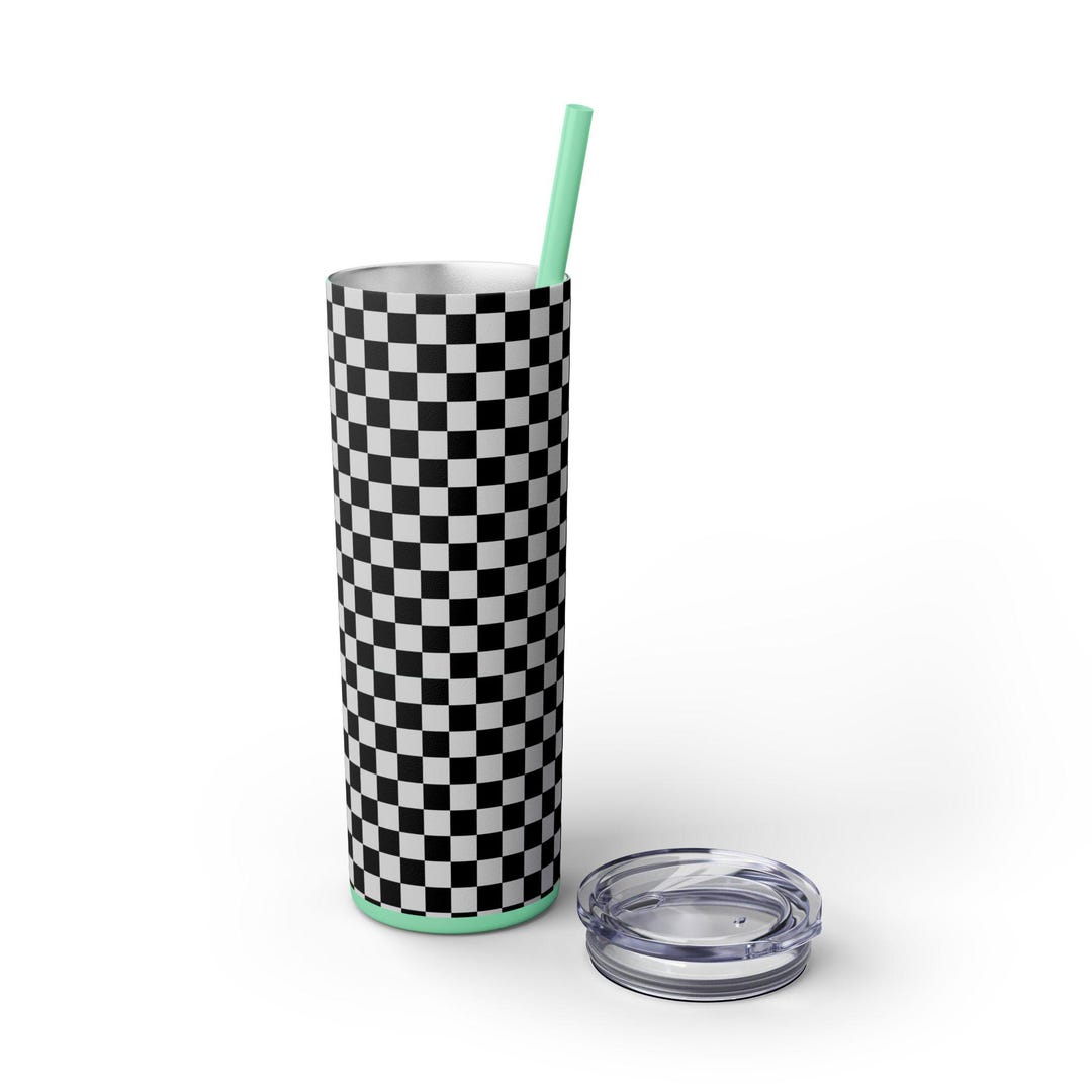 Skinny Tumbler With Straw, 20oz, Black and White, Checkers, Travel Mug ...