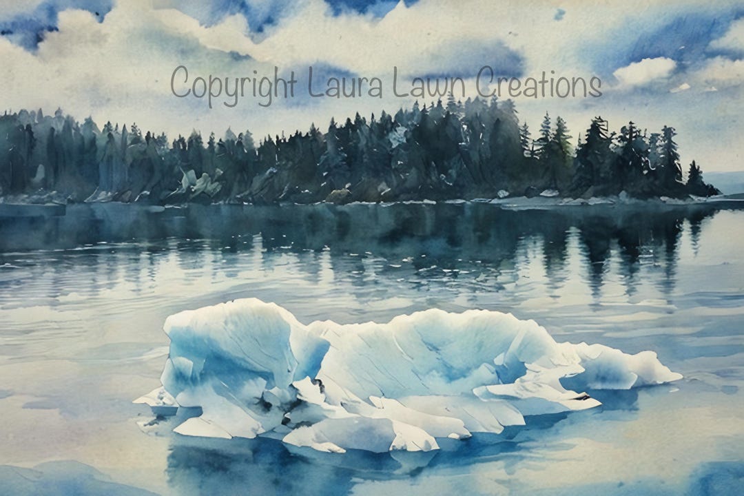 Alaskan Iceberg and Trees; Digital Art in Watercolor Style (digital ...
