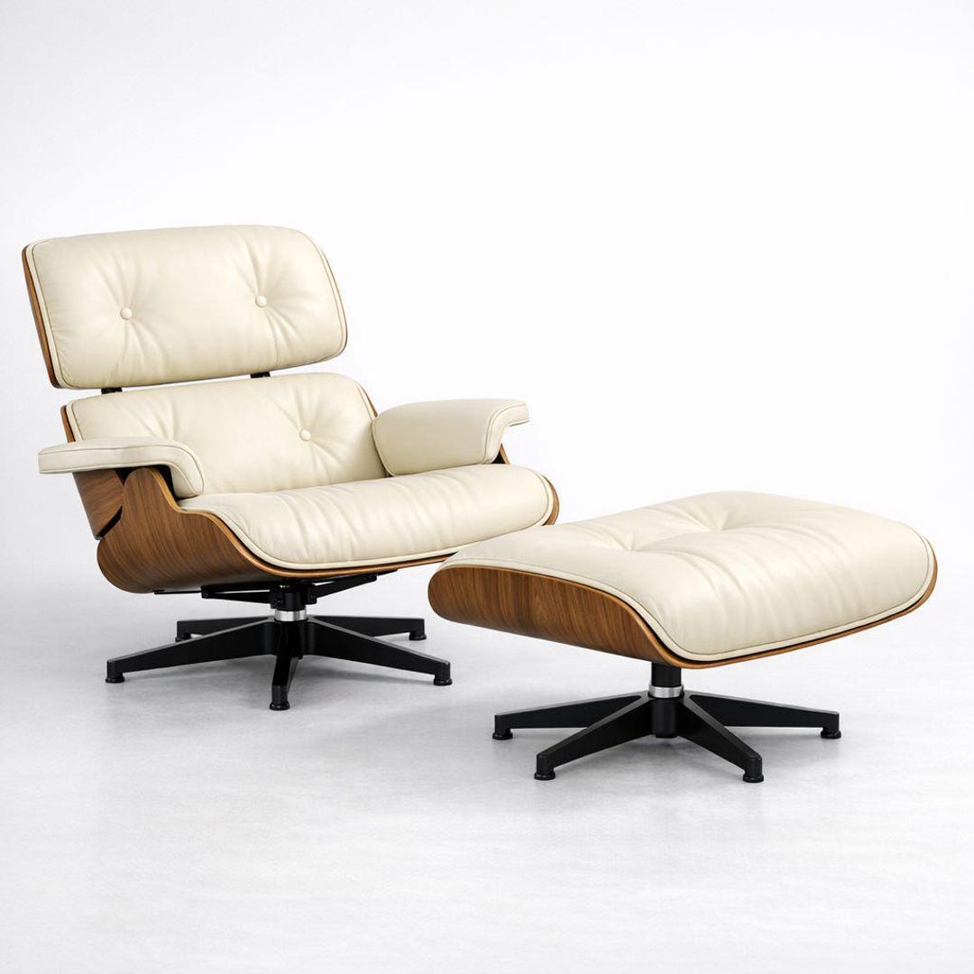 Premium Relax Lounge Chair & Ottoman – Cream Leather With Walnut Finish ...