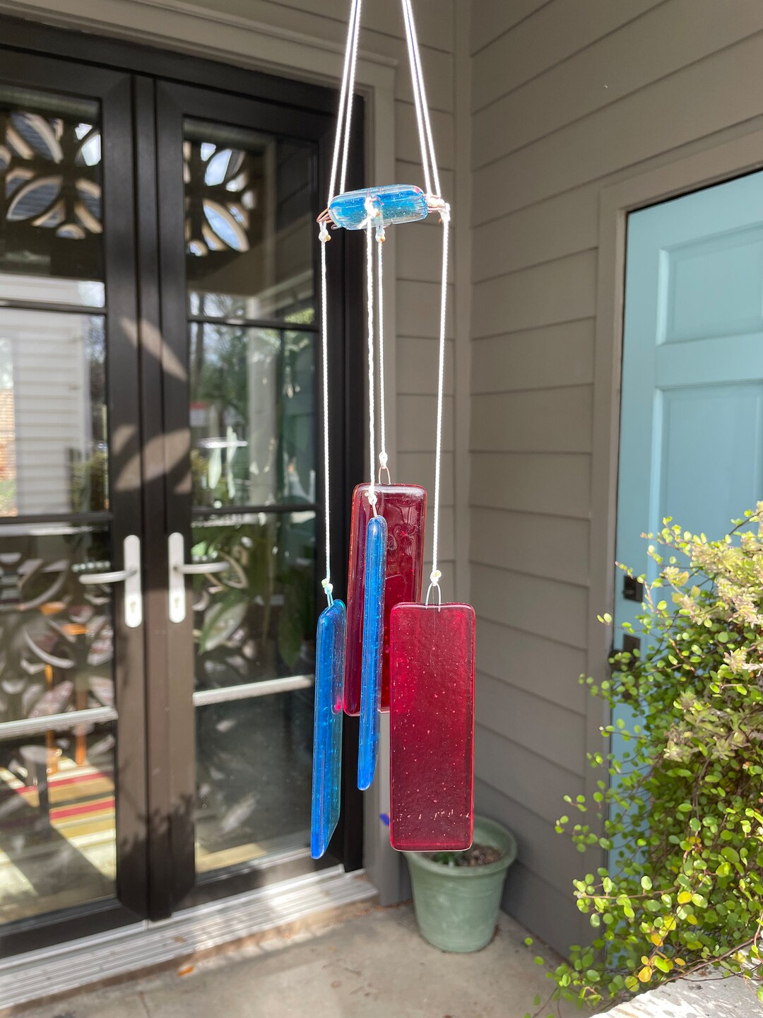 Red and Turquoise Glass Wind Chime / Suncatcher - Four Chimes Sq - Etsy