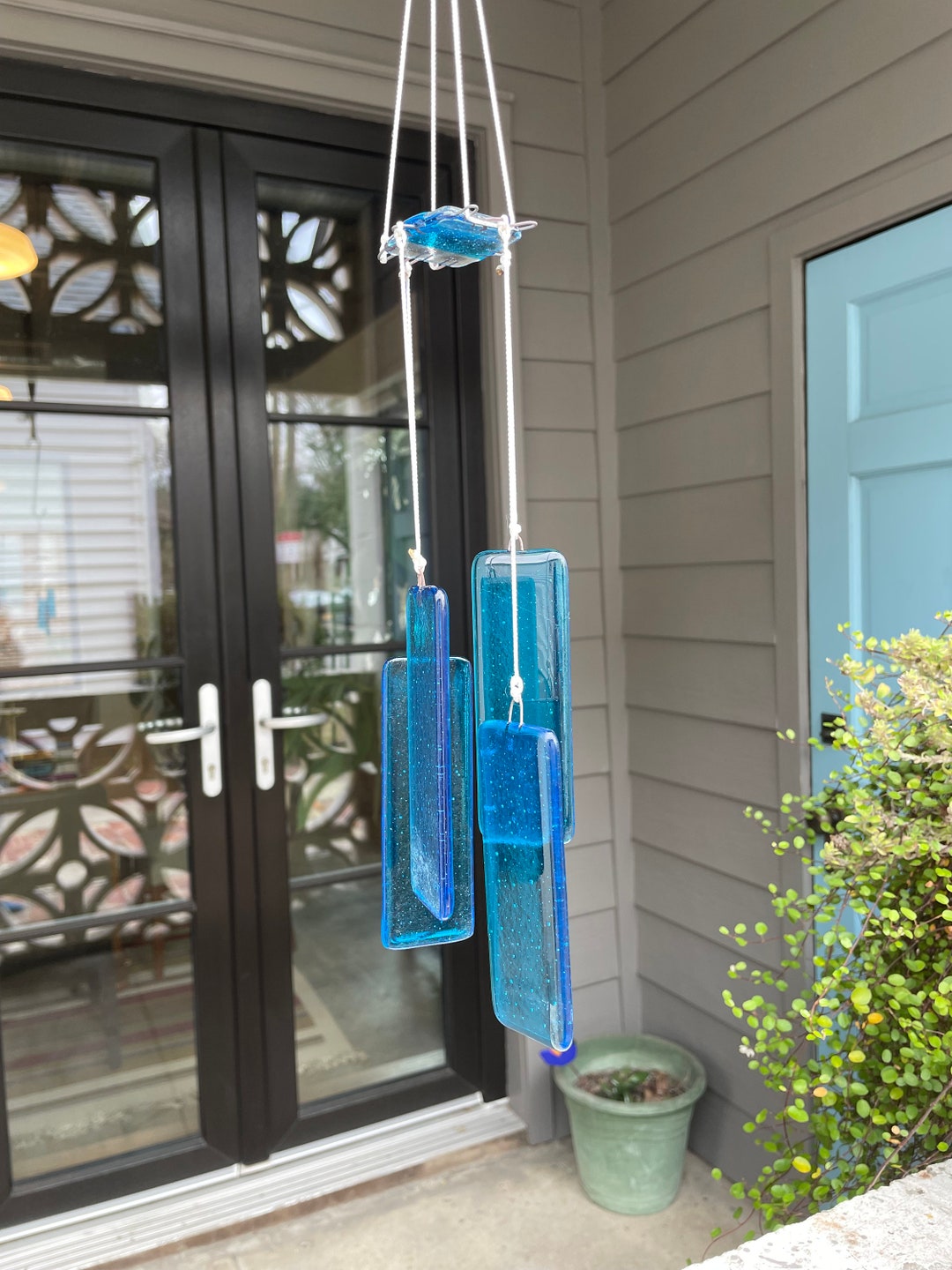 Turquoise Glass Wind Chime / Suncatcher - Four Chimes Sq - Etsy