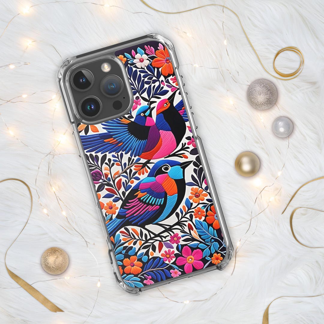 Vibrant Otomi Bird and Floral Phone Case - Faux Embroidered Design for ...