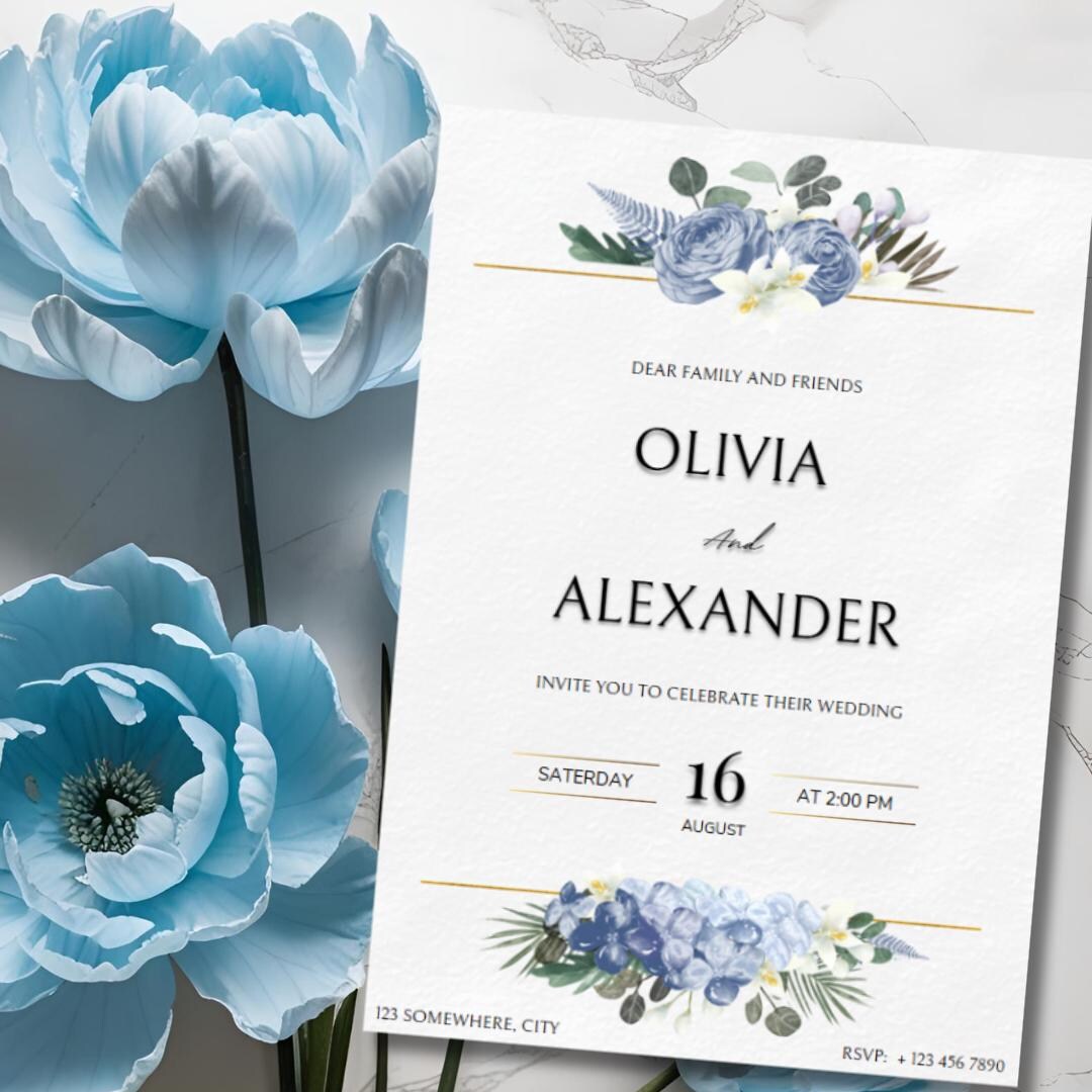 Wedding Invitation | Floral | Blue | White | Gold | Elegant ...