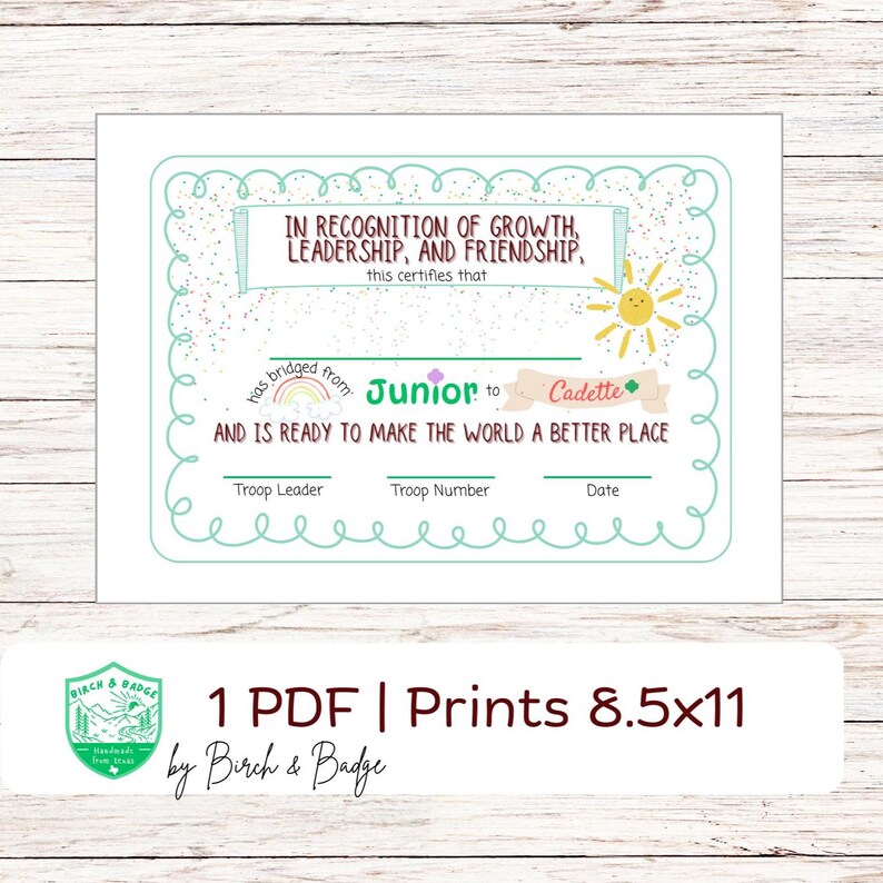 Girl Scout Bridging Junior to Cadette Certificate PDF | Troop Leader ...