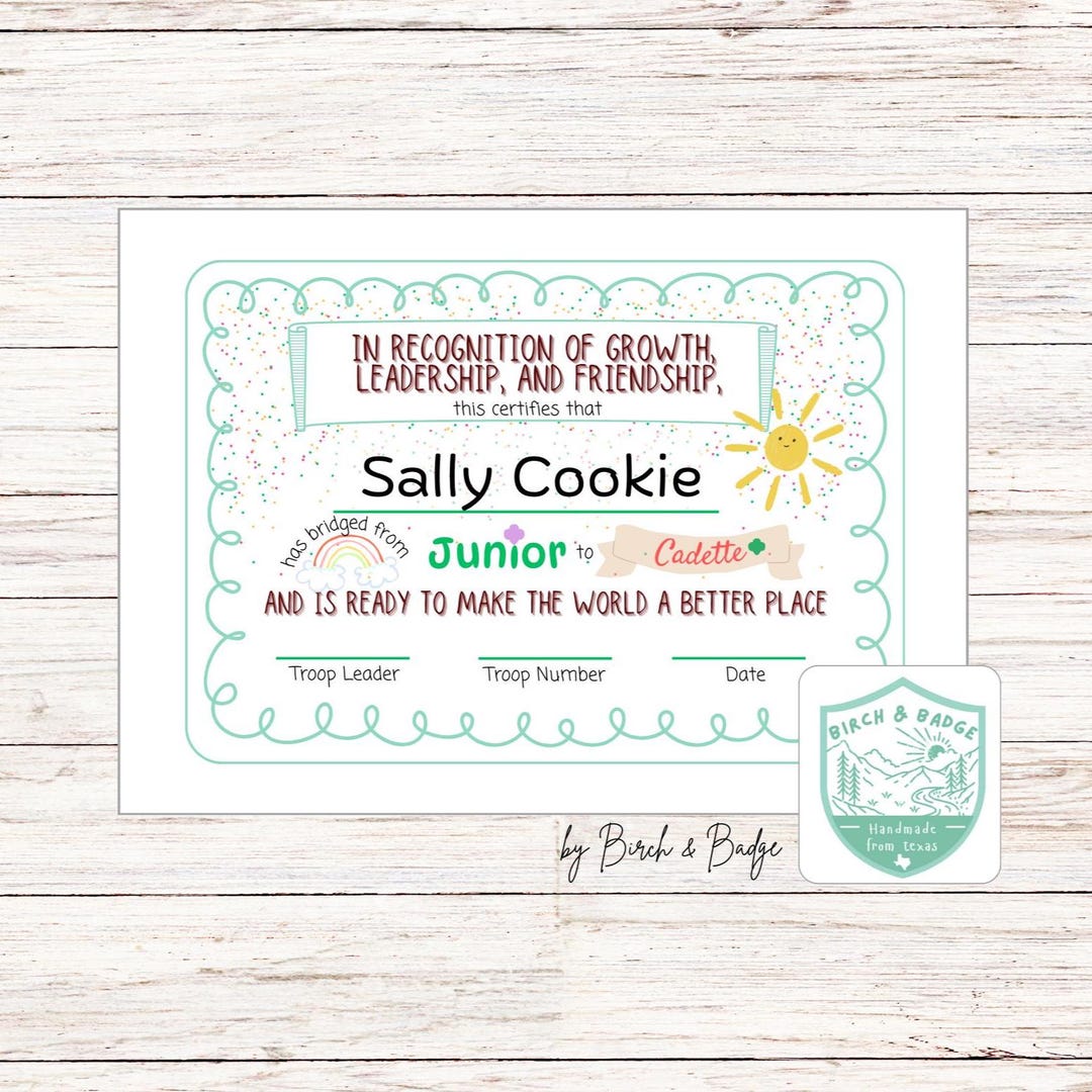 Girl Scout Bridging Junior to Cadette Certificate PDF | Troop Leader ...