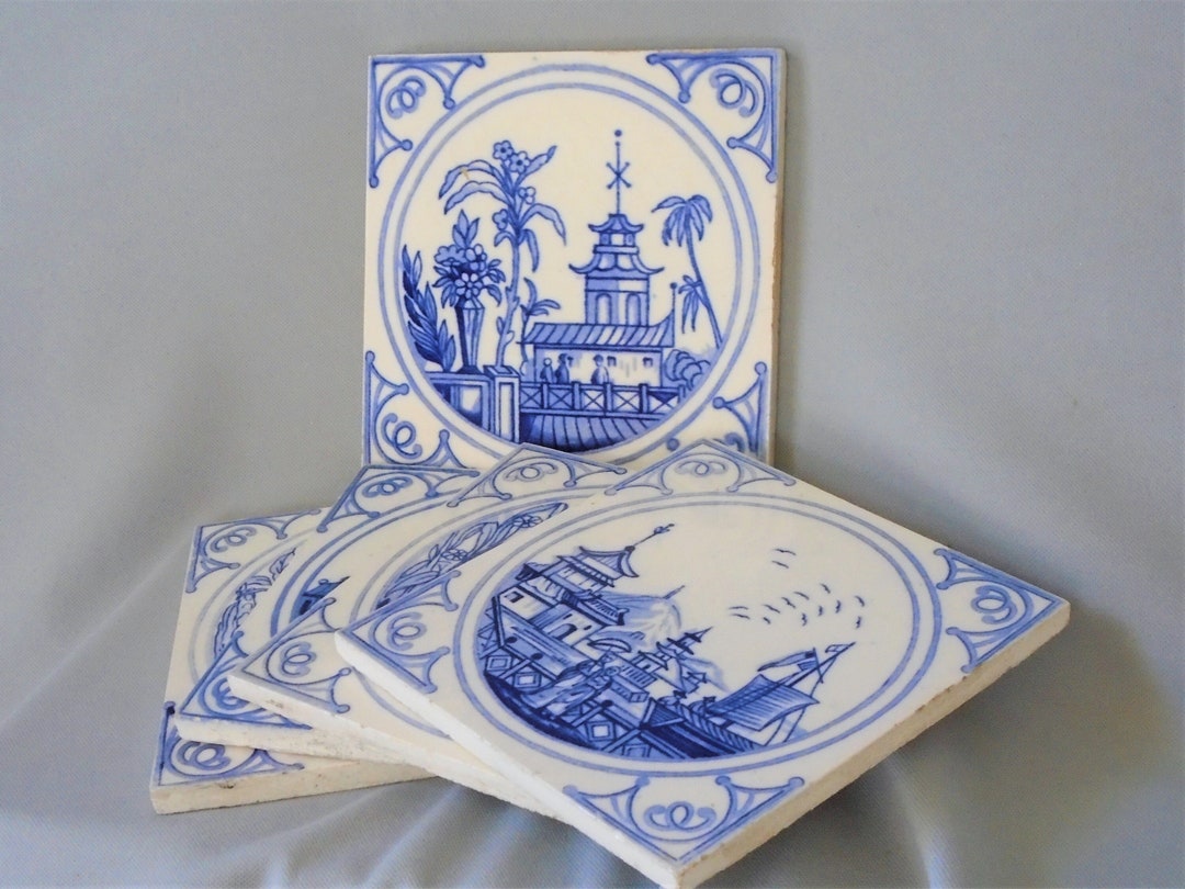 Set of 5 Minton China Blue and White Canton Ware Tiles - Etsy