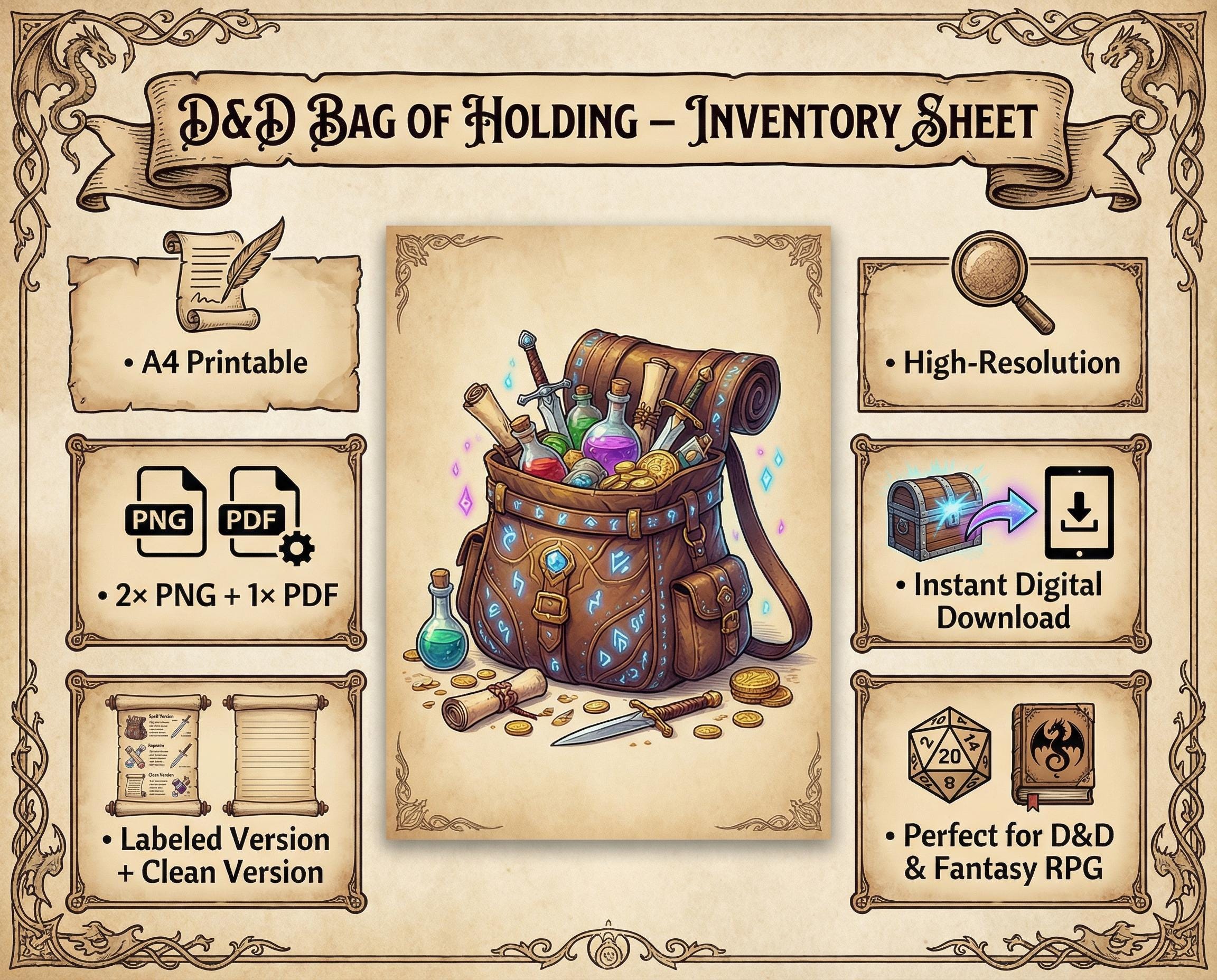 Printable Dnd Character Inventory Sheet Bag of Holding for Dungeons and ...