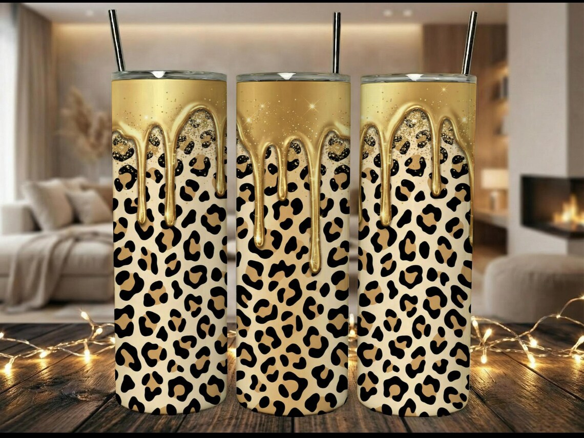 Leopard Print Tumbler Wrap Glitter Gold Drip Design 20oz Skinny Tumbler ...