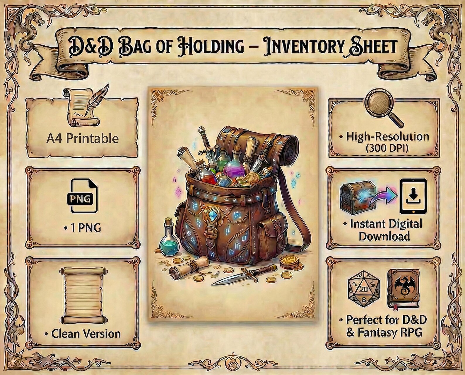 Tarrasque Dnd Character Inventory Sheet Bag of Holding Printable ...