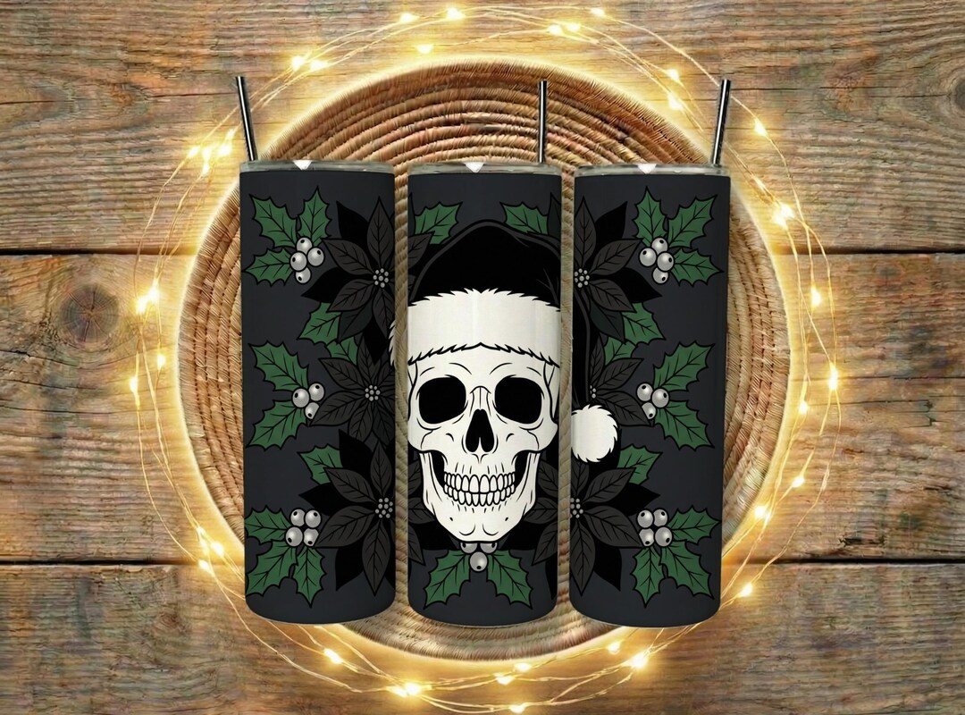 Goth Santa Tumbler Wrap 20oz Skull Hat Black Poinsettia Edgy Holiday ...