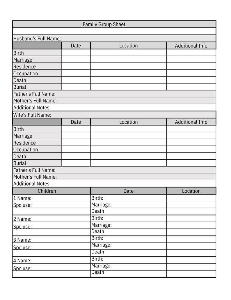 Genealogy Family Group Worksheet - Etsy
