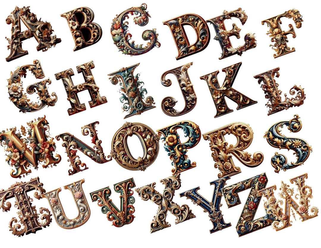 Baroque Style Alphabet Clipart , Printable Monogram Clipart for ...