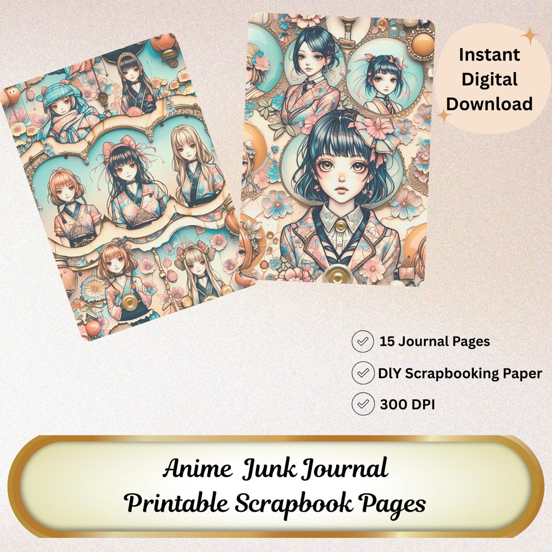 Anime Junk Journal, Printable Pastel Illustrated Pages, Scrapbook Kit ...