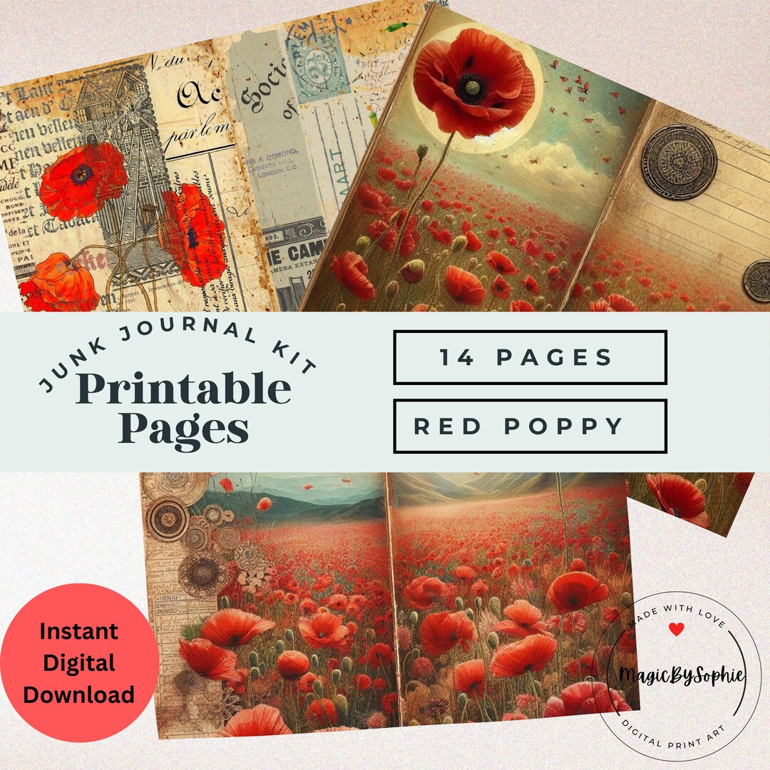Vintage Floral Junk Journal Kit,red Poppy Printable Journal Paper,red ...
