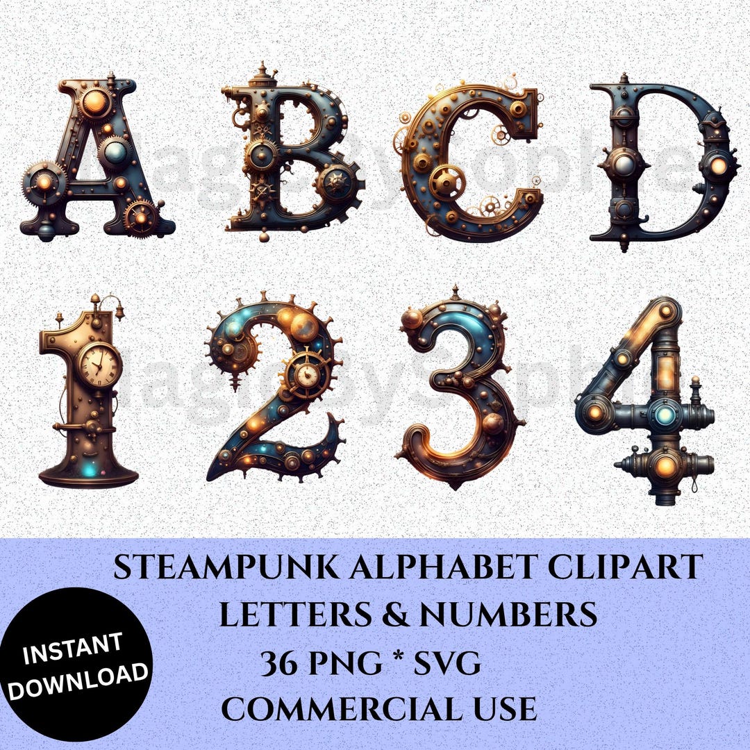 Alphabet Clipart - Steampunk Letters & Numbers - 36 PNG and SVG Graphics,300 Dpi ,commercial Use ...