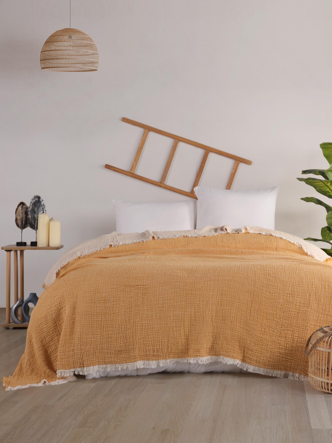 Dual Color 4 Layer Muslin Bedspread, Pure Turkish Cotton Throw Blanket ...