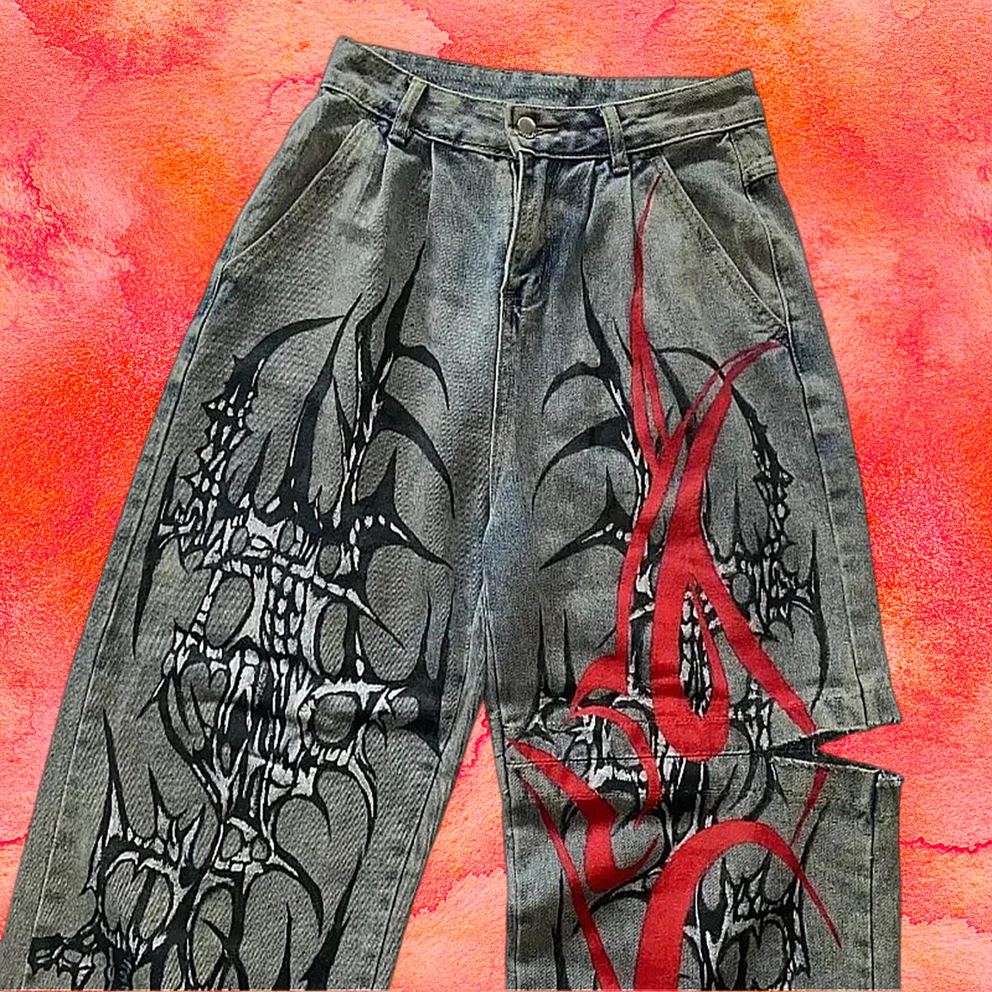 Hand Painted Gothic Graffiti Jeans Vintage Washed Y2K Punk Straight Leg ...