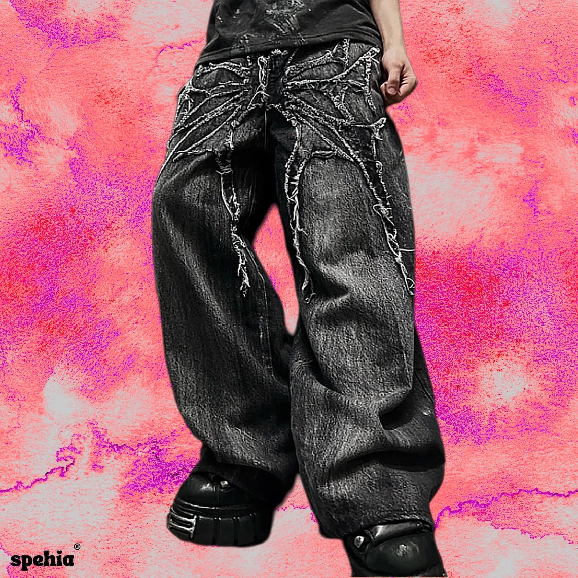 Y2K Spider Embroidered Jeans Gothic Phantom Streetwear Baggy Denim Pants High Street Fashion Hip ...